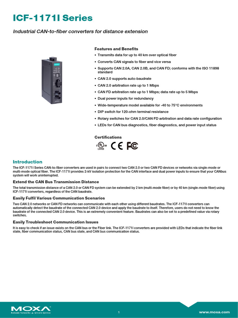 کن باس به فیبر موگزا MOXA ICF 1171I M ST Canbus to Fiber Converter مشخصات فنی ایوردآریا | PDF ...