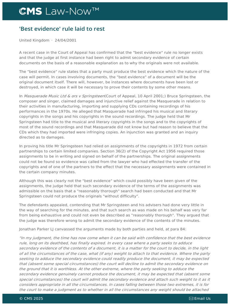 "Best Evidence Rule Abolished in UK Law" | PDF | Copyright | Copyright ...