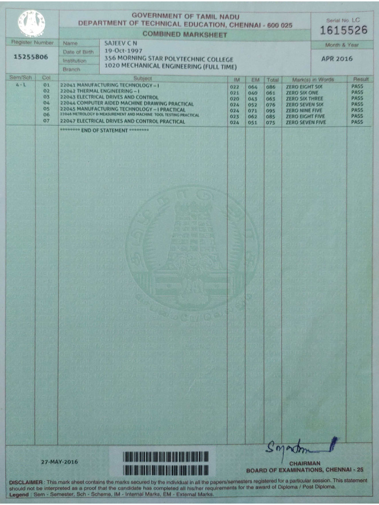 4th Sum DME College Mark Sheet | PDF