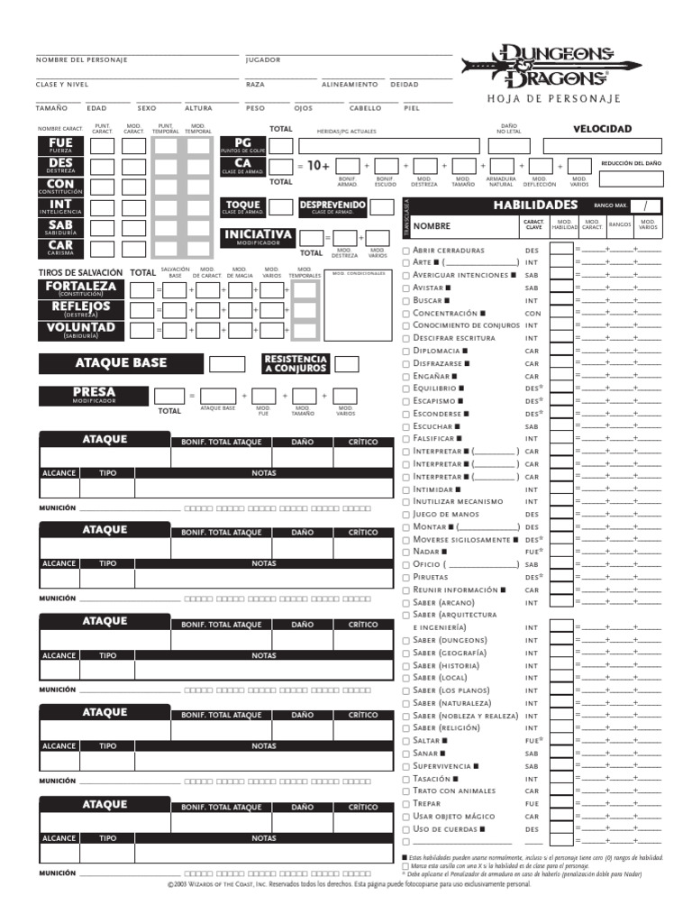 Hoja de Personaje D&D 3.5 Editable | PDF