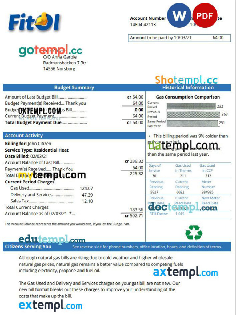 Doctempl - Sweden Fitol Gas Utility Bill Template in Word and PDF ...