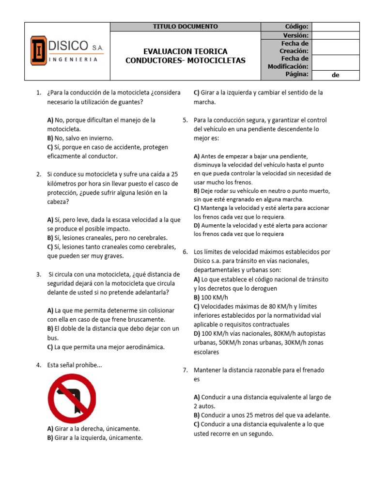 Fds-023-10 Evaluacion Teorica Conductores Motocicleta | PDF | Motocicleta | Vehículos