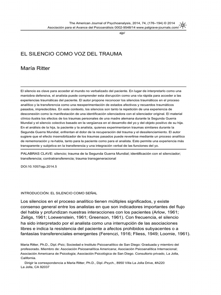 Silence As The Voice of Trauma | PDF | Trauma psicólogico | Psicoanálisis