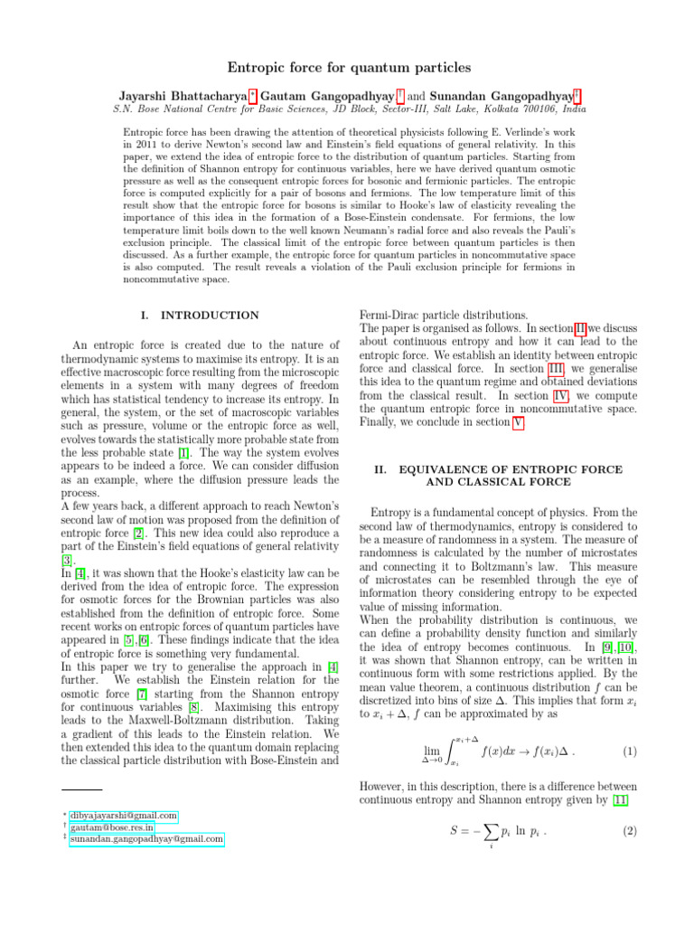 Entropic Force for Quantum Particles Revised | PDF | Entropy | Force