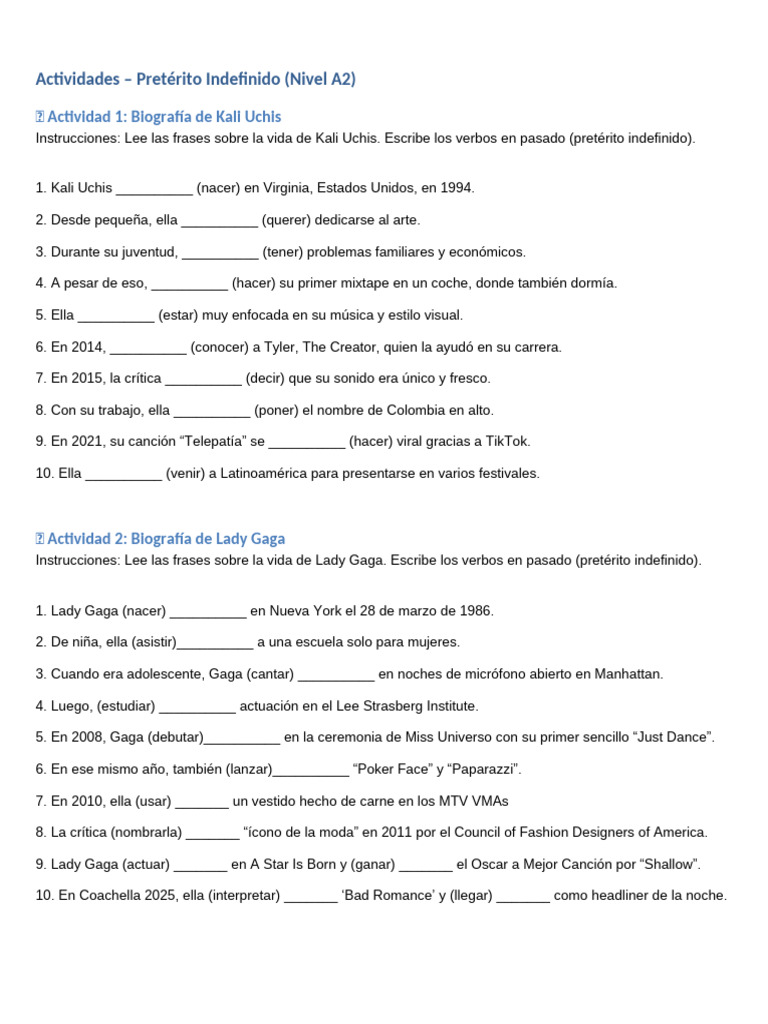 Grupo de Lunes - Actividades Pretérito Indefinido | PDF