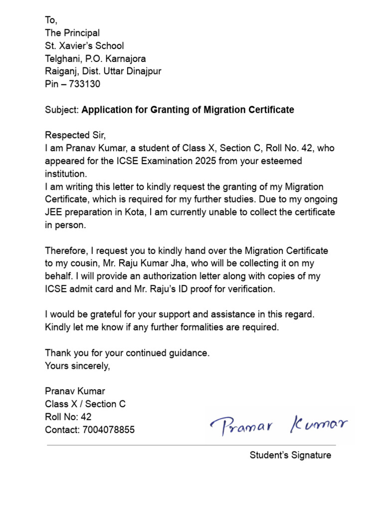 Migration Certificate Letter | PDF