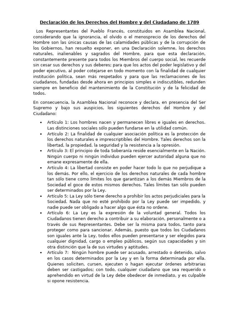 Declaración de Los Derechos Del Hombre y Del Ciudadano de 1789 | PDF | Derechos humanos | Libertad
