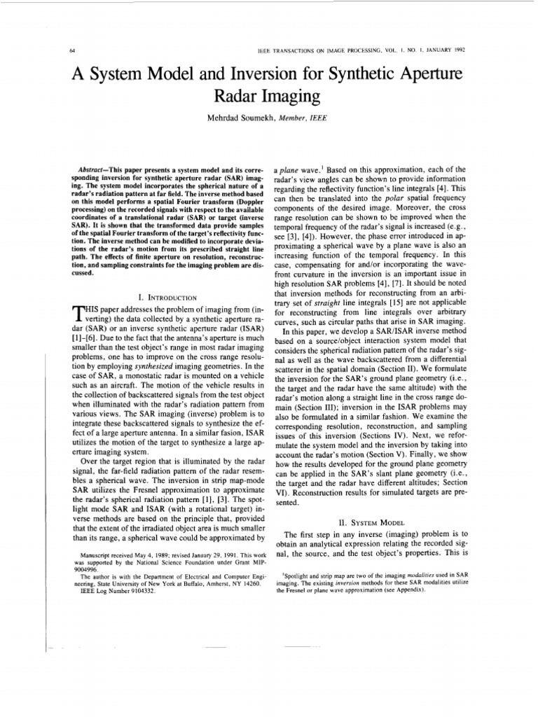 Soumekh1992-A System Model and Inversion For Synthetic Aperture Radar Imaging | PDF | Radar ...
