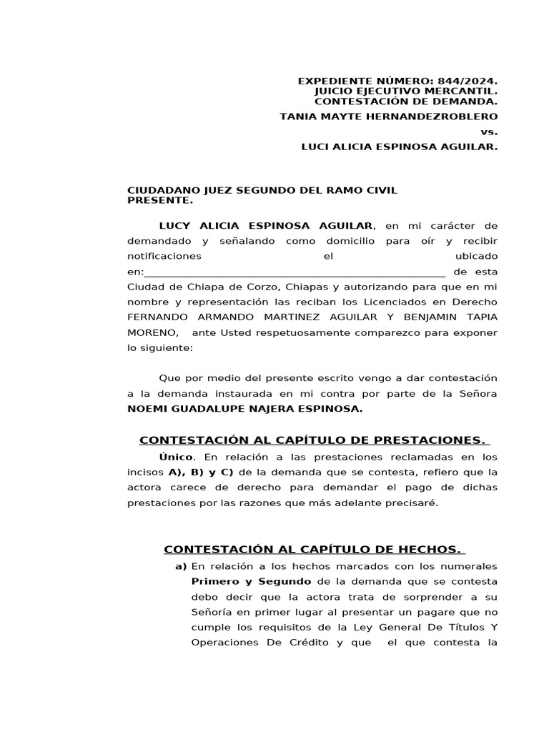 Contestación Juicio Ejecutivo Mercantil Adrián Pérez Serrano. | PDF