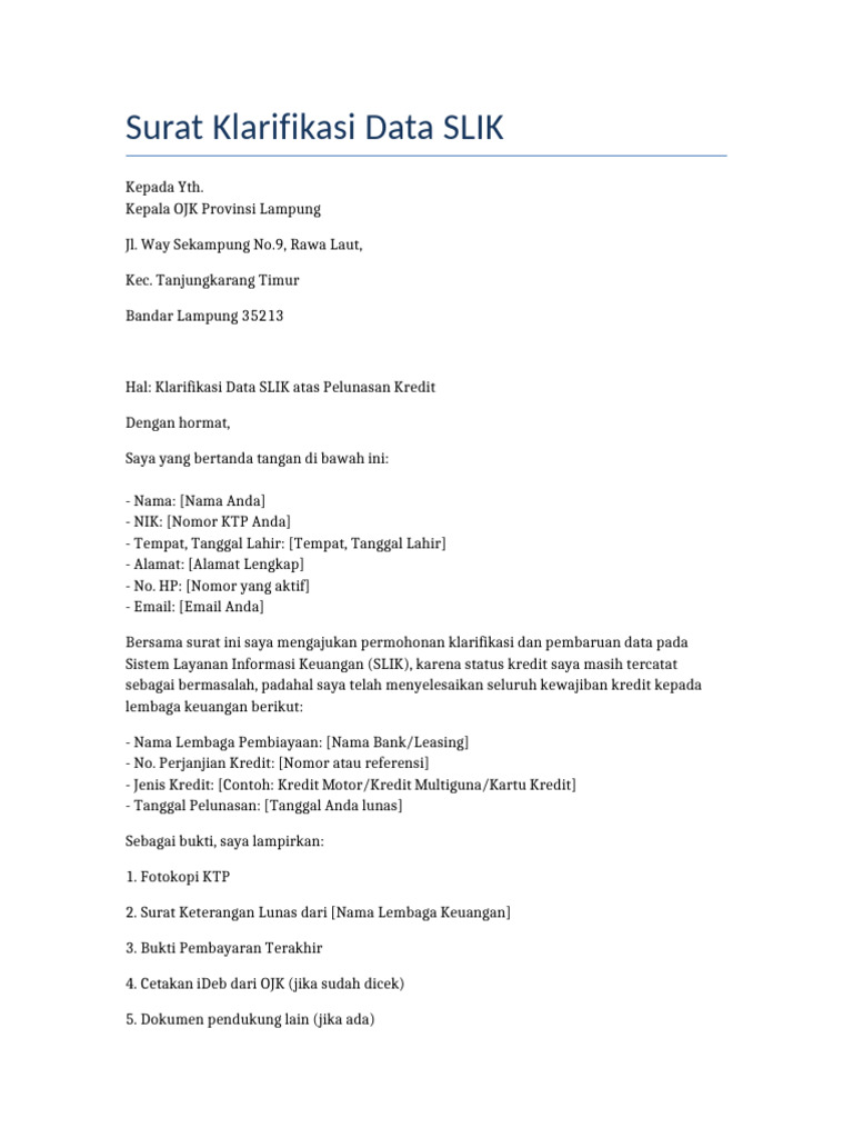 Surat Klarifikasi SLIK OJK | PDF