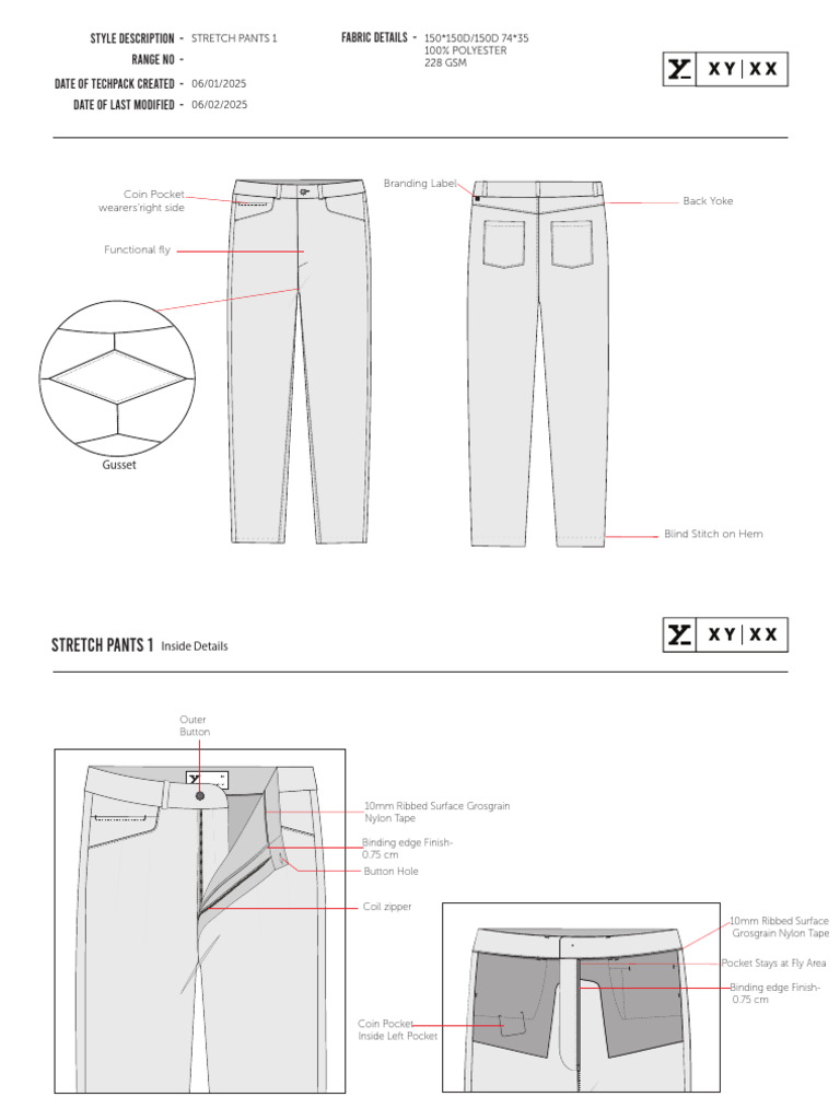 Stretch Pants 1 Techpack | PDF | Seam (Sewing) | Clothing