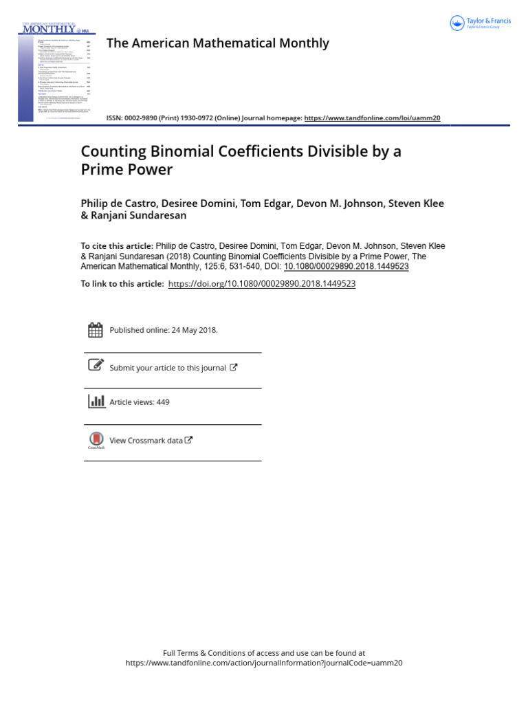 Counting Binomial Coefficients Divisible by A Prime Power | PDF ...