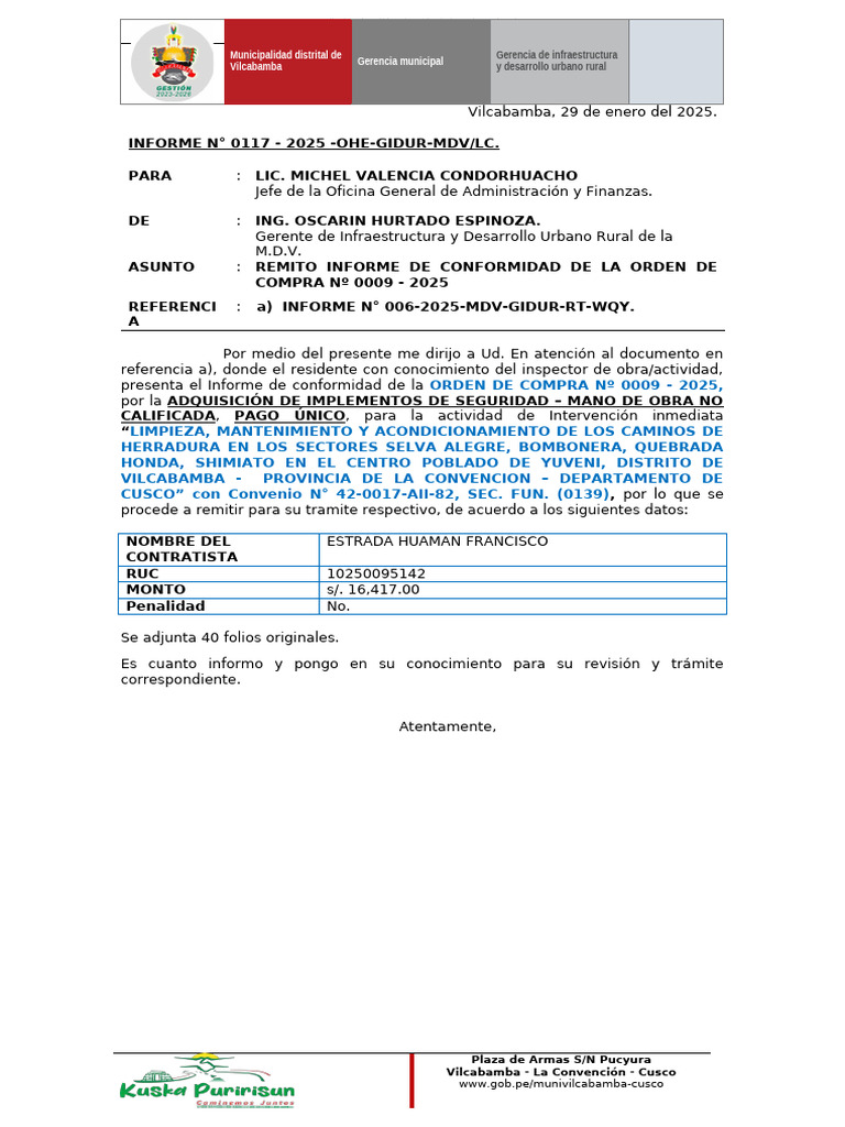 N° 0117 - Confomidad Sef. 0139 - Oc 0009 | PDF