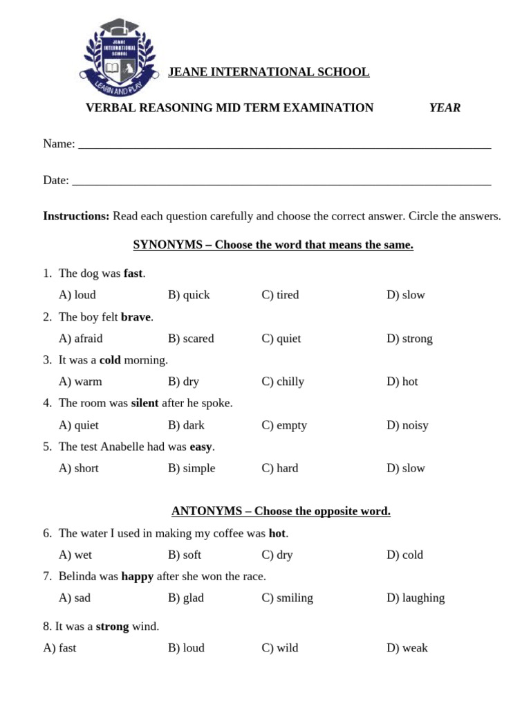 Verbal Reasoning YEAR 2 and 3 | PDF