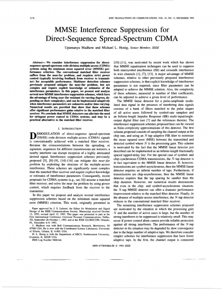 MMSE Interference Suppression For Direct-Sequence Spread - Spectrum CDMA | PDF | Code Division ...