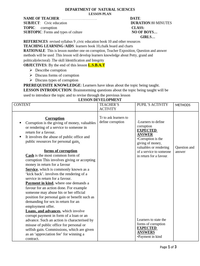 1.lesson Plan Categories ND Types of Corruption | PDF | Corruption ...