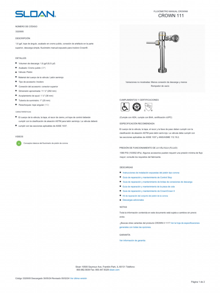 Fluxómetro Manual Crown® 3320005 | PDF