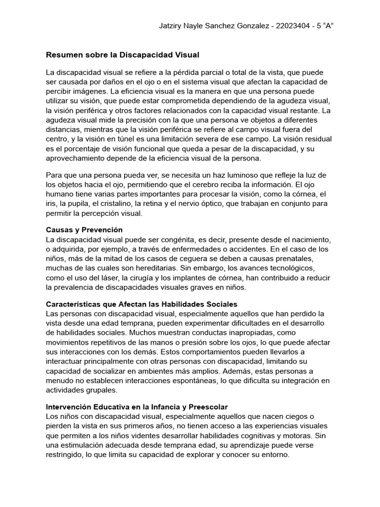 Discapacidad Visual: Causas y Educación | PDF | Percepción visual | Ojo