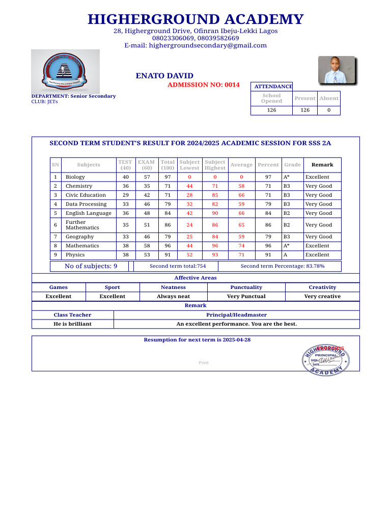 Second Term 2024 - 2025 Higherground Academy 0014 SSS 2A | PDF | Student Assessment And ...