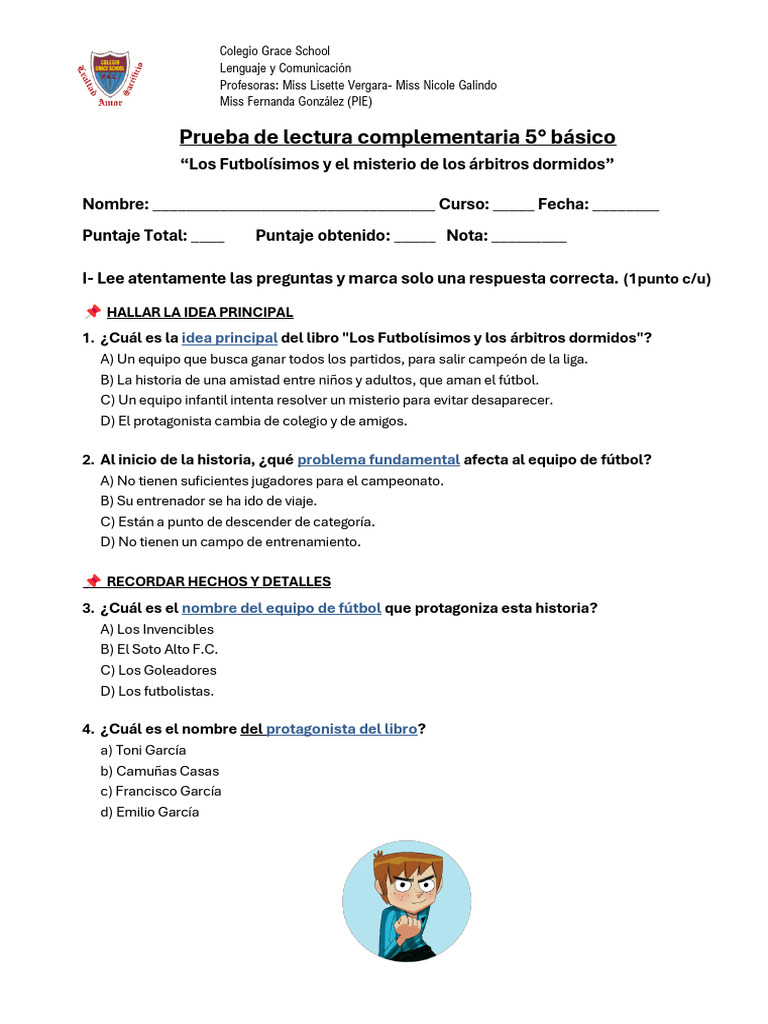 Evaluación de lectura complementaria 5° Básico 2025 LOS FUTBOLÍSIMOS Y LOS ÁRBITROS DORMIDOS ...