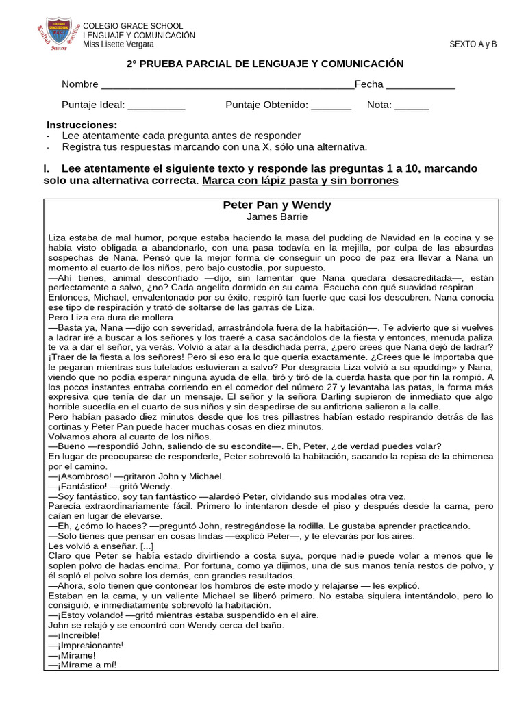 Modificación 2° PRUEBA PARCIAL DE LENGUAJE 6° BÁSICO Junio 2025 | PDF | glaciar | Peter Pan