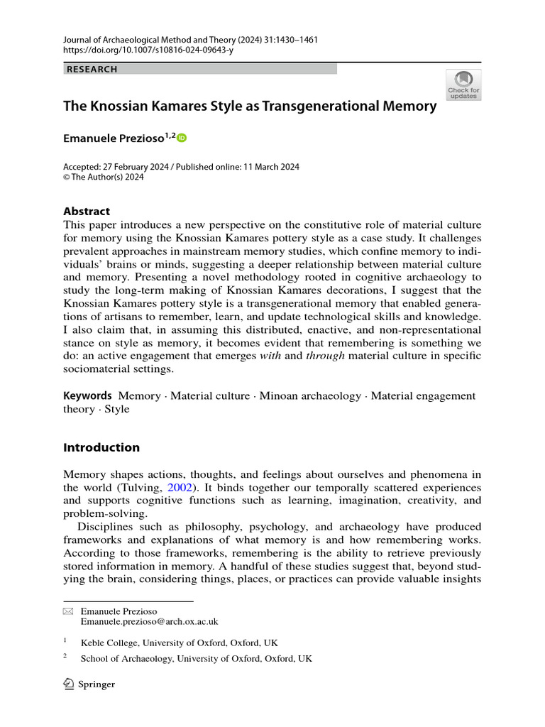 Prezioso (2024) The Knossian Kamares Style As Transgenerational Memory | PDF | Memory | Mind