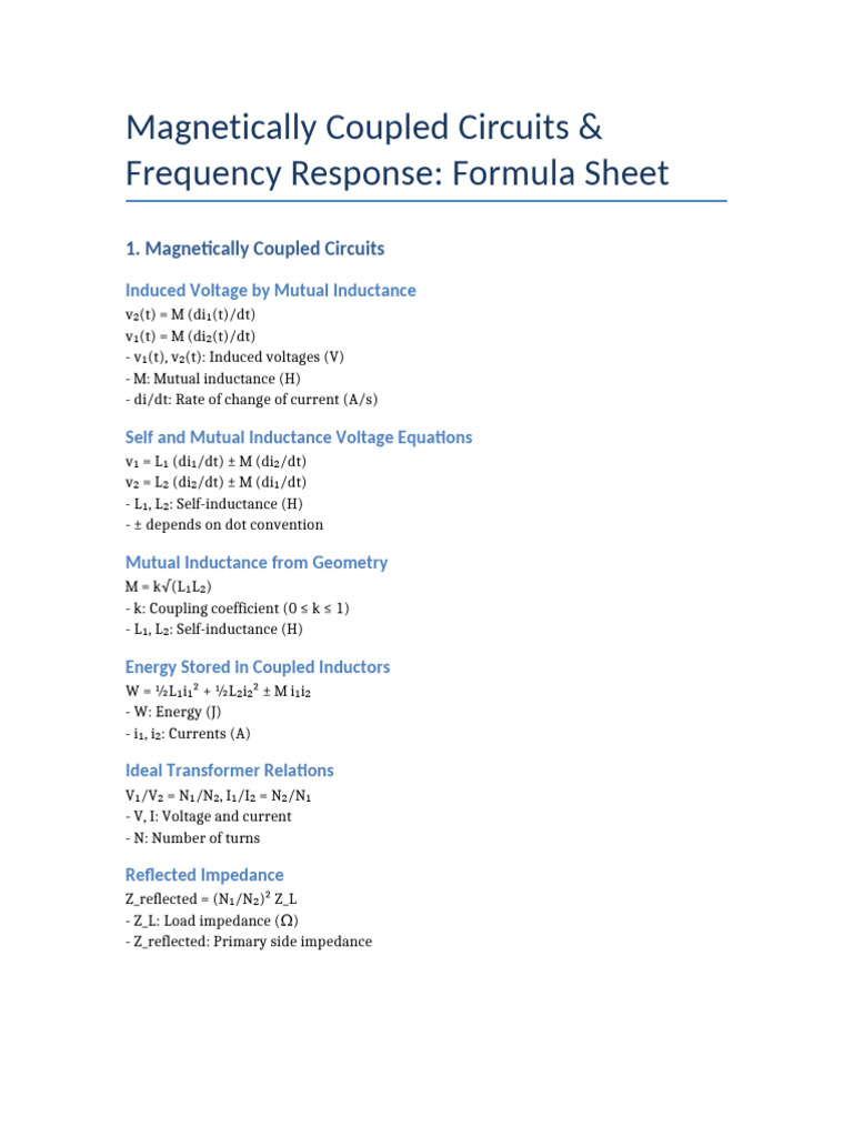 Magnetic Coupling and Frequency Response Formula Sheet | PDF