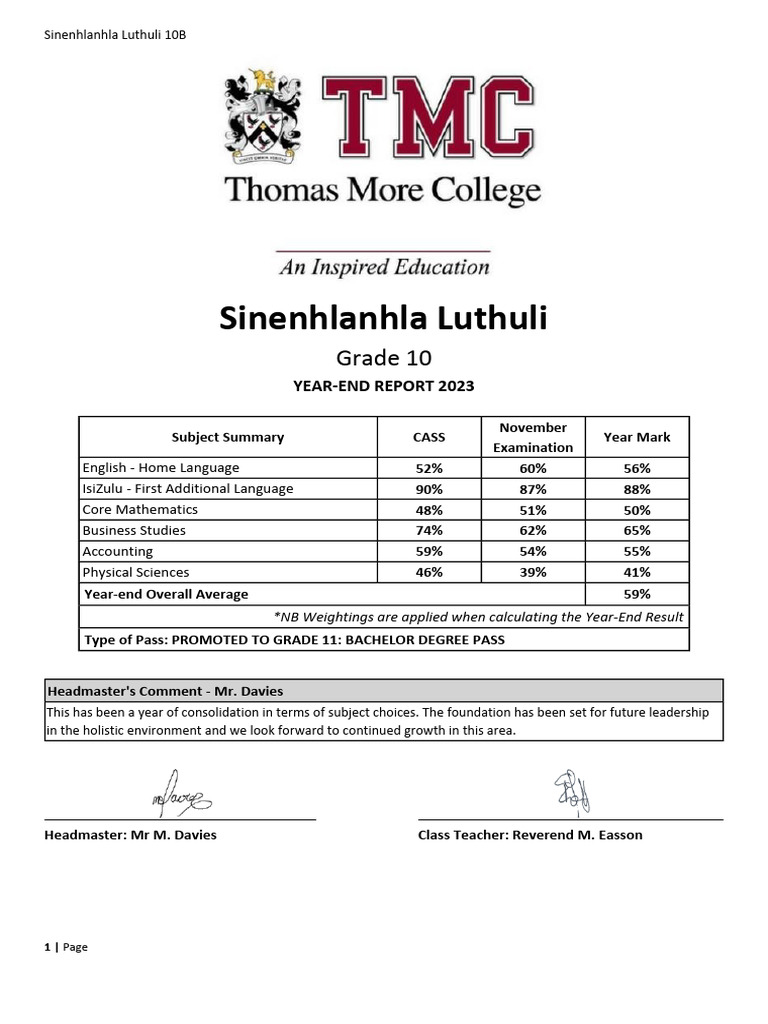 2023 4 Luthuli Sinenhlanhla G10 Report Card 5621 | PDF