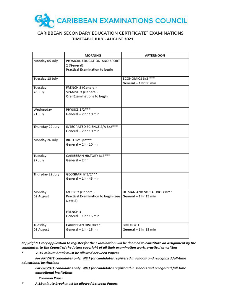 Csec Time Table 2021 | PDF