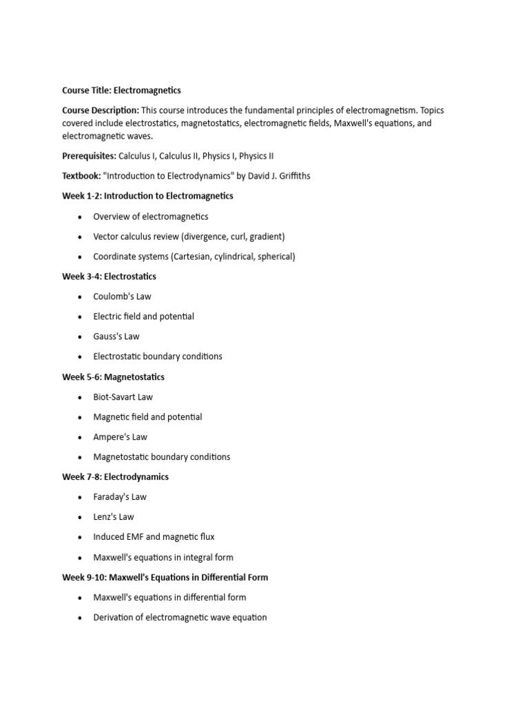 Electromagnetics Course Outline Lecture 1 | PDF | Magnetic Field | Electromagnetism