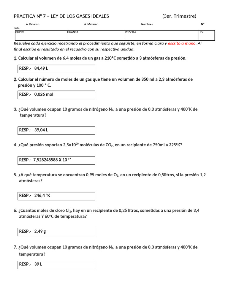 Ley de Gases Ideales: Ejercicios Resueltos | PDF