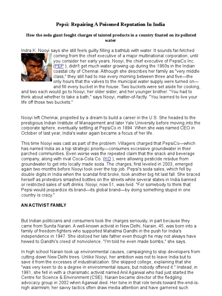 Pepsi: Repairing A Poisoned Reputation in India | PDF | Pepsi Co | Soft ...