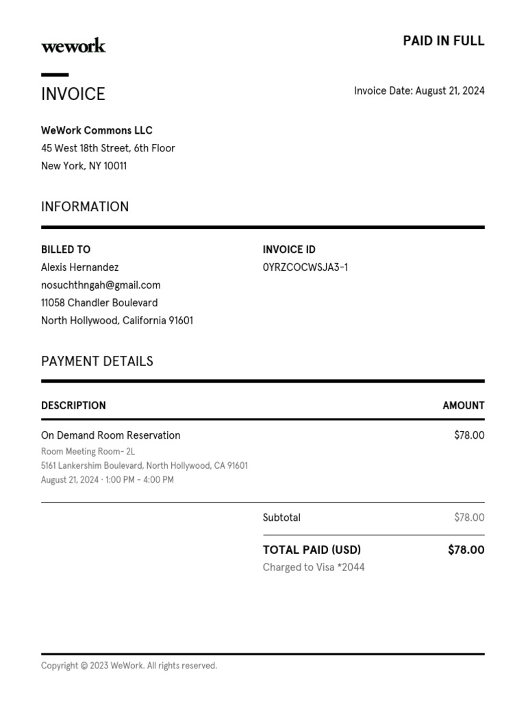 WeWork Invoice for Room Reservation | PDF