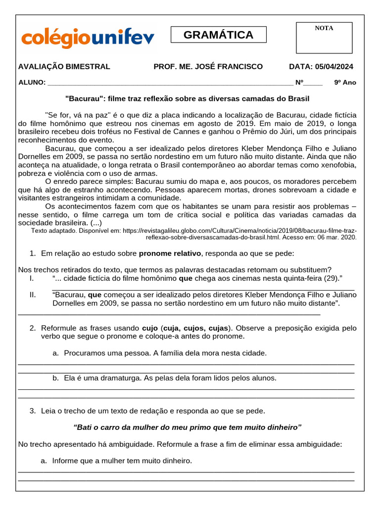 Análise do Filme Bacurau e Questões de Português | PDF | Pronome