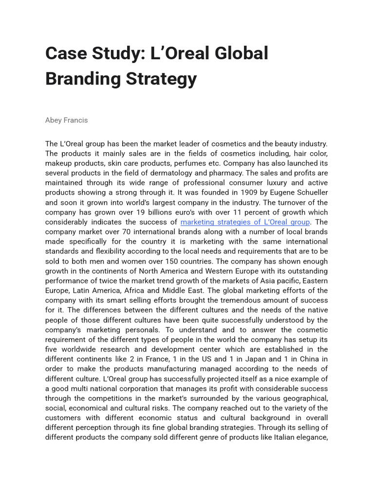 Case Study - L'Oreal Global Branding Strategy | PDF | Brand | Cosmetics