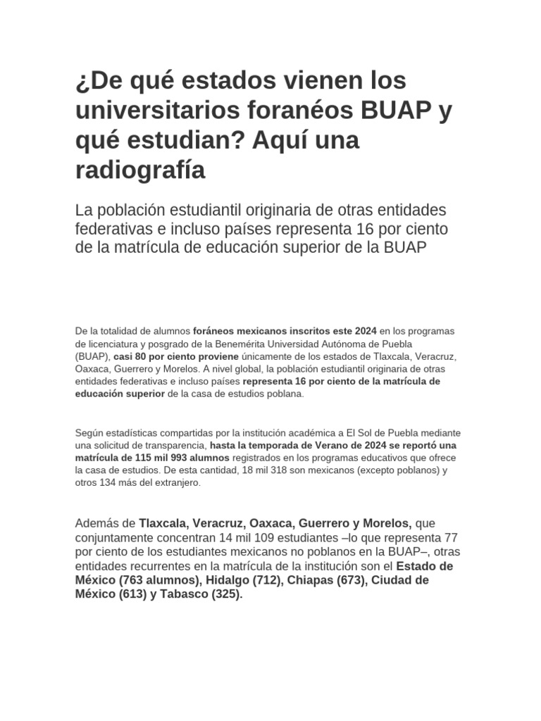 Estudiantes foráneos en la BUAP 2024 | PDF | México | Medicina