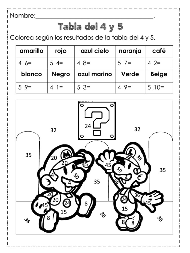 tabla del 4 y del 5 (ficha para colorear) | PDF