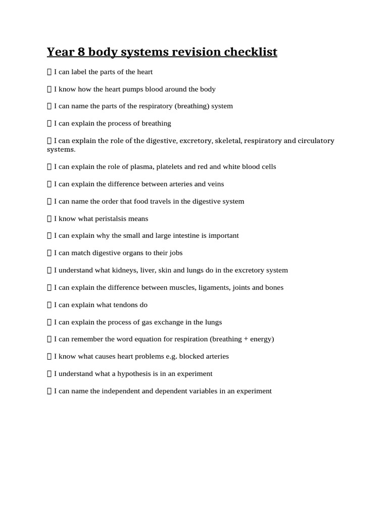 Year 8 Body Systems Revision Guide | PDF