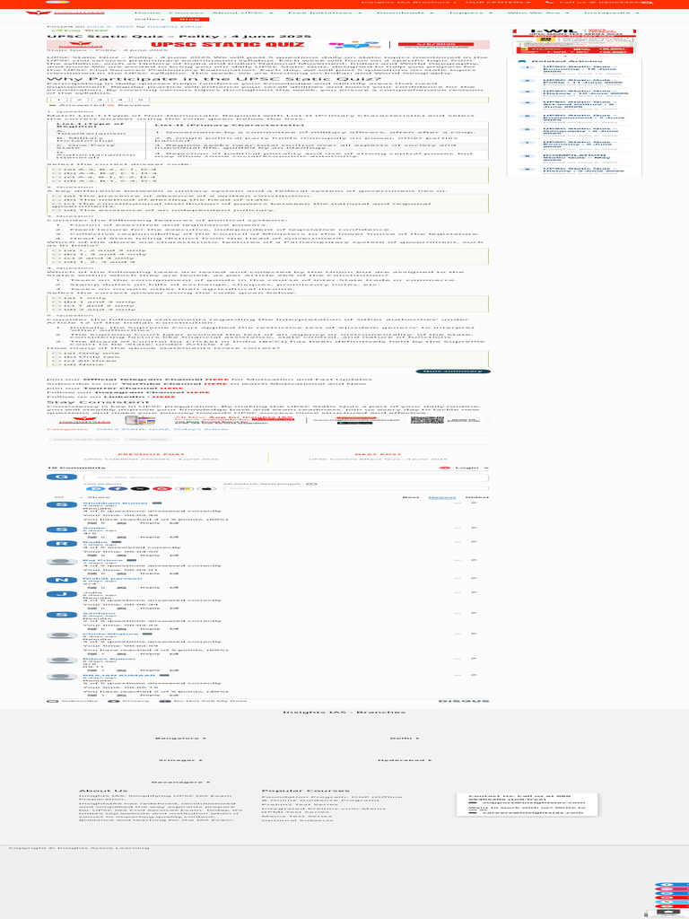 Static Quiz - Polity 4 June 2025 | PDF | Quiz | Authoritarianism
