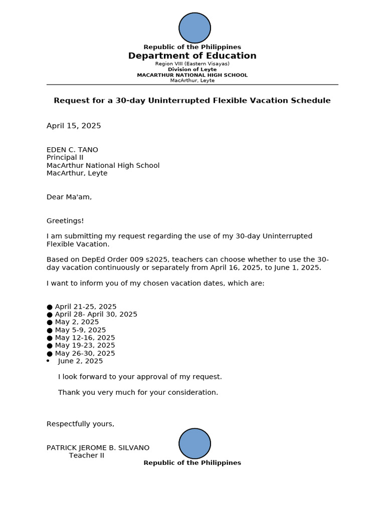 Request For A 30 Day Vacation | PDF | Philippines | Government