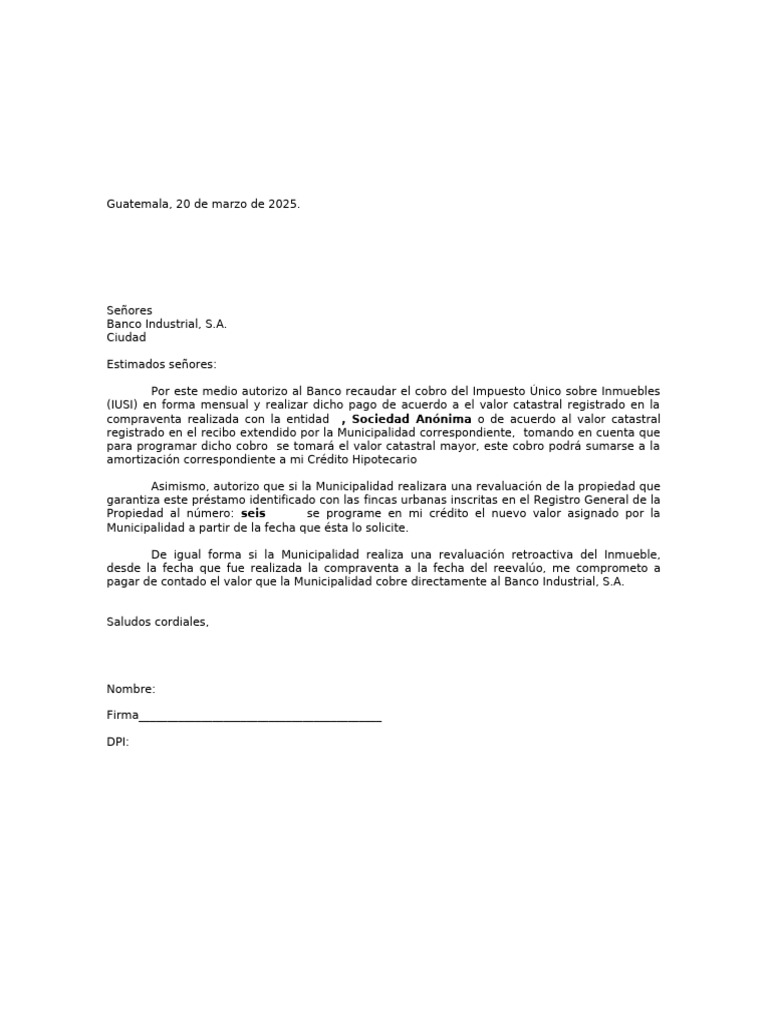 Autorización de Cobro IUSI Banco Industrial | PDF