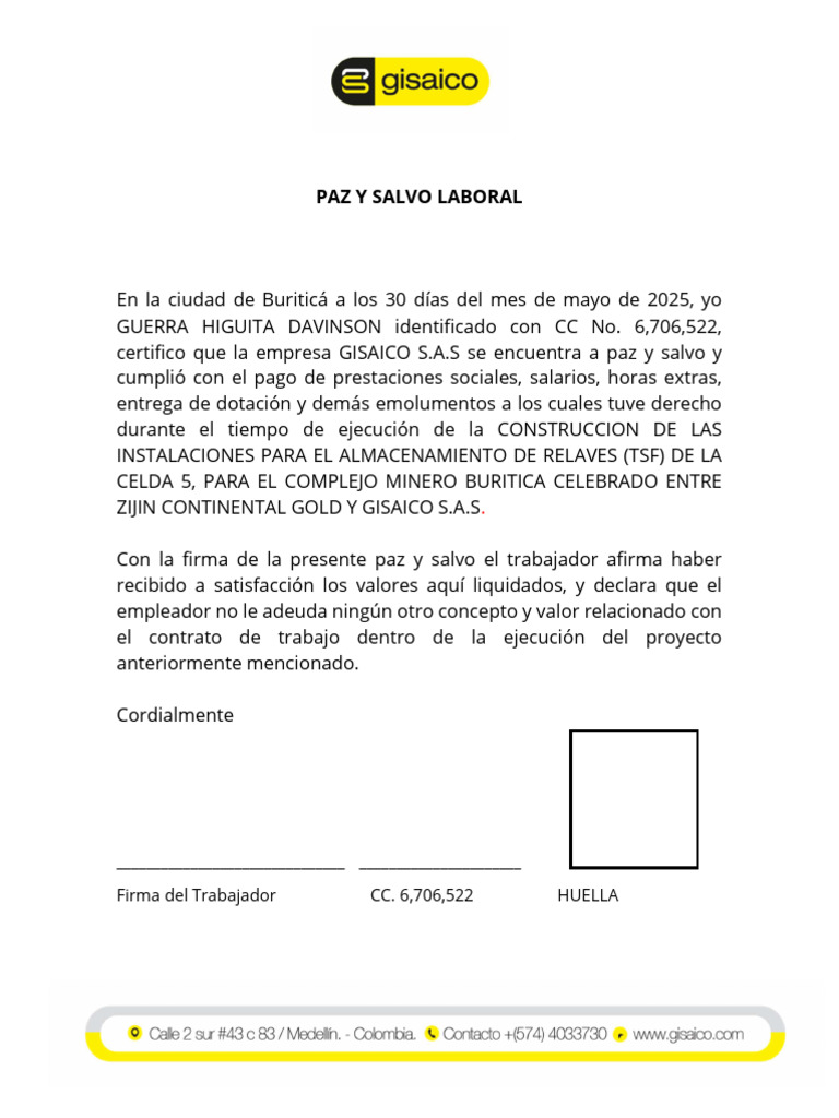 Paz y Salvo Laboral GISAICO S.A.S. | PDF