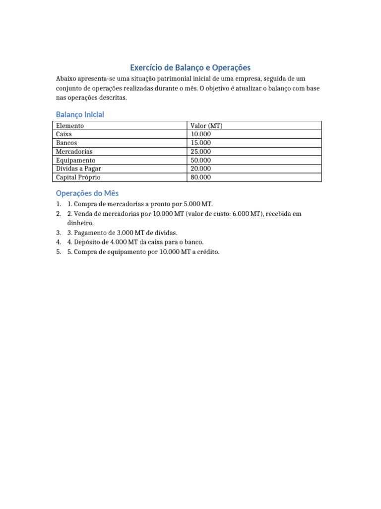 Exercicio Balanco Operacoes | PDF