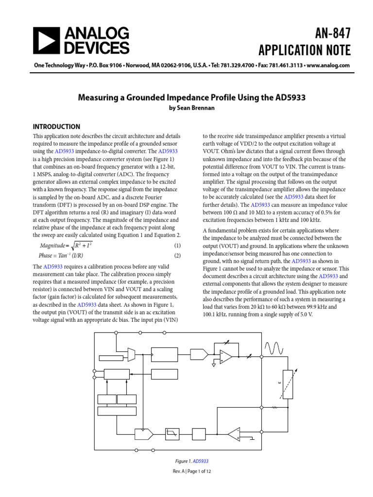 AN-847 Measuring A Grounded Impedance Profile Using The AD5933 | PDF | Electrical Impedance ...