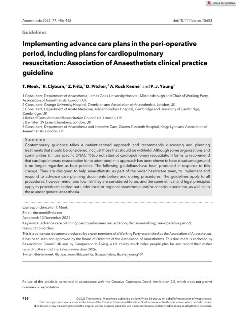 Anaesthesia 2022 Meek Implementing Advance Care Plans in the Peri‐Operative | PDF ...