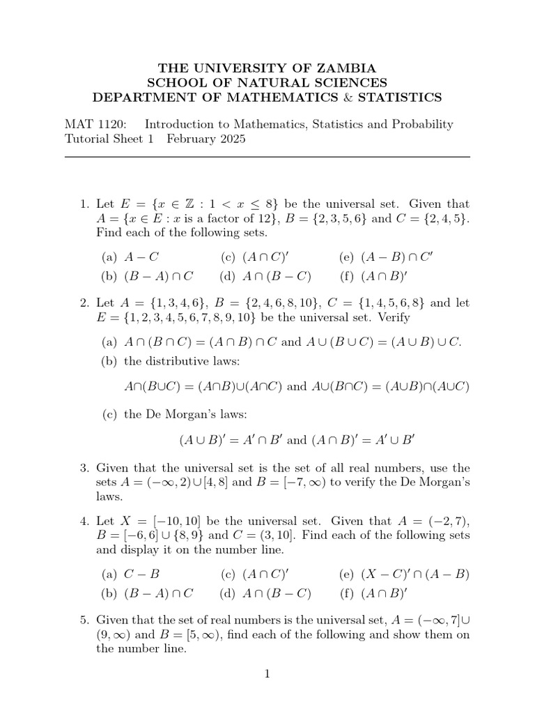 MAT 1120 Tutorial Sheet 1-2025 | PDF | Mathematics | Probability And Statistics