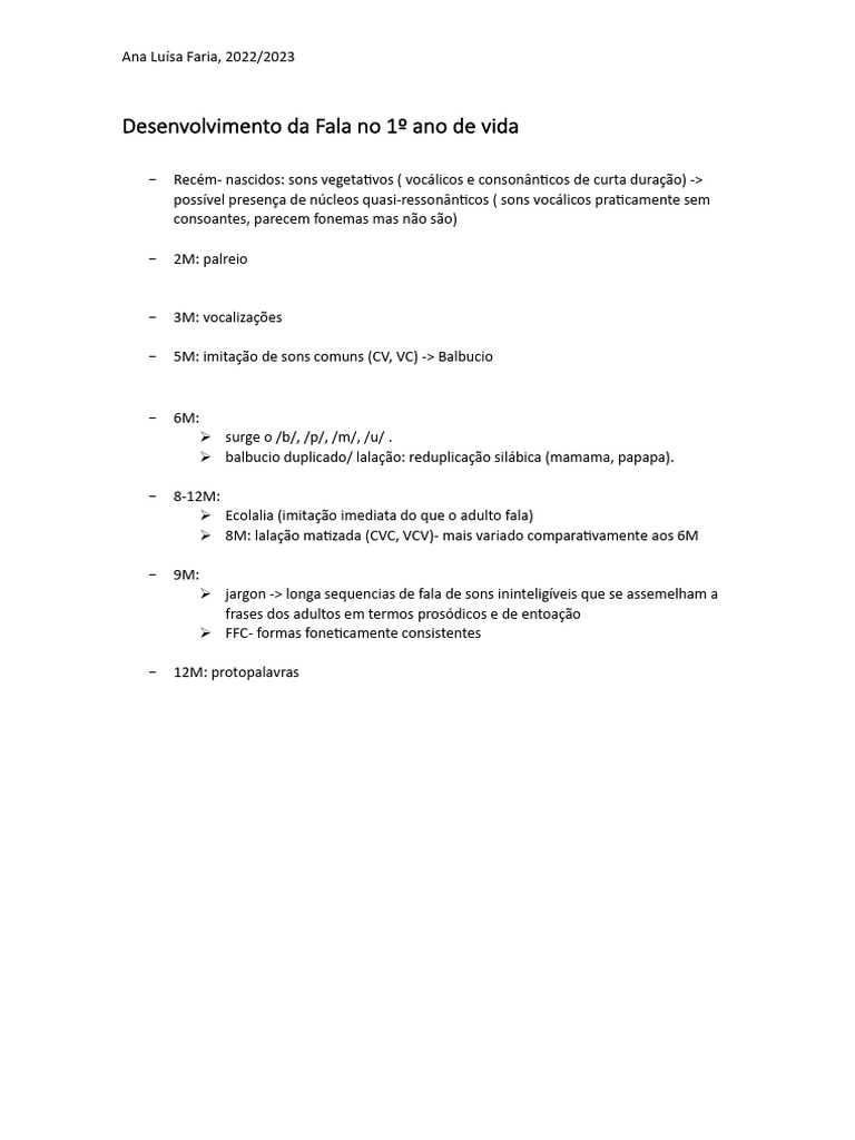 Desenvolvimento da Fala no 1º Ano | PDF