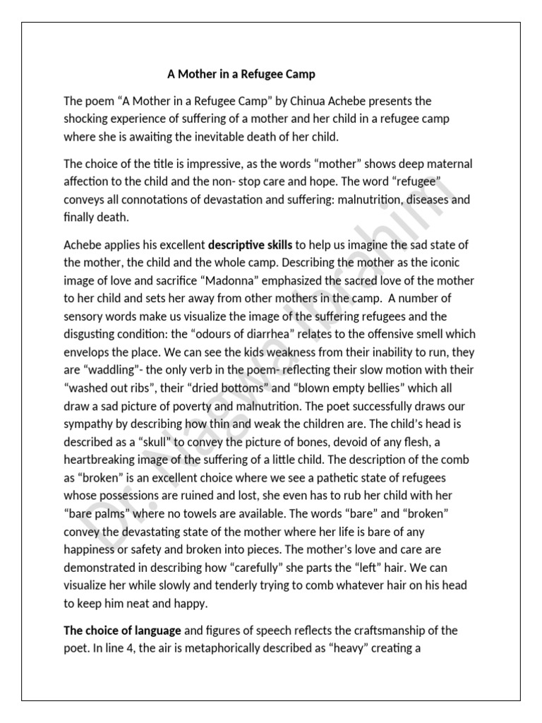 Achebe's Refugee Mother Poem Analysis | PDF