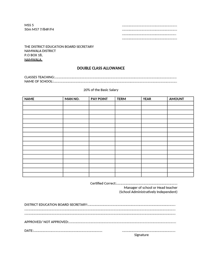 Double Class Allowance Form Template | PDF