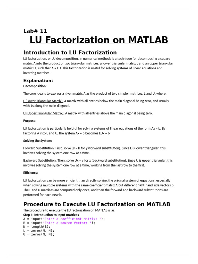 NM-Lab 011 LU Factorization Manual | PDF | Matrix (Mathematics) | Factorization